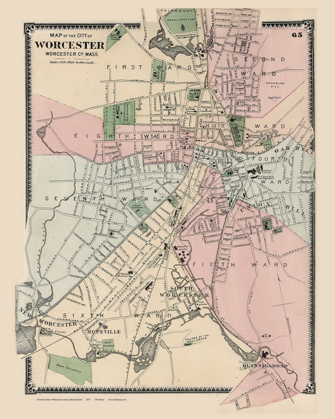 Worcester City 1870 Old Town Map With Homeowner Names Massachusetts ...