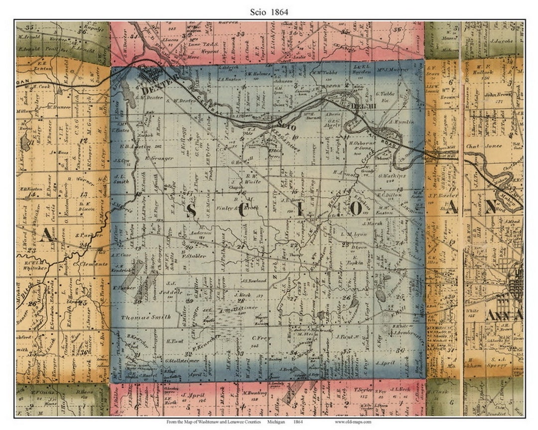 Scio 1864 Old Town Map With Homeowner Names - Michigan - Reprint ...