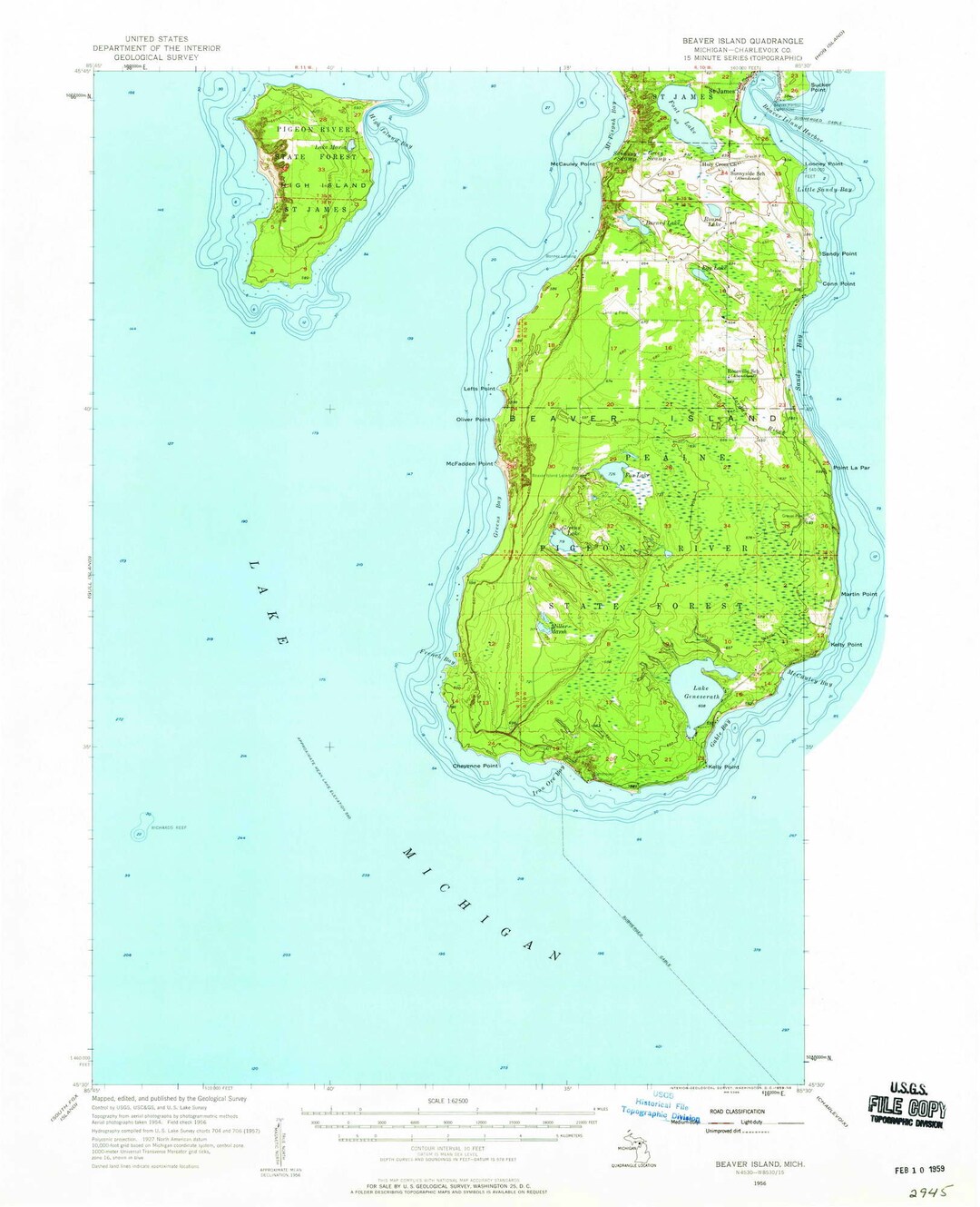 Beaver Island 1956 1959 Old Topo Map Font Lake Lake Geneserath Quad ...