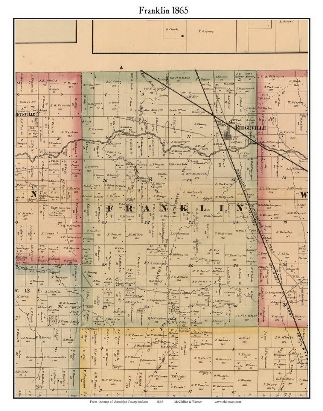 Franklin 1865 Old Town Map With Homeowner Names Indiana Ridgeville ...