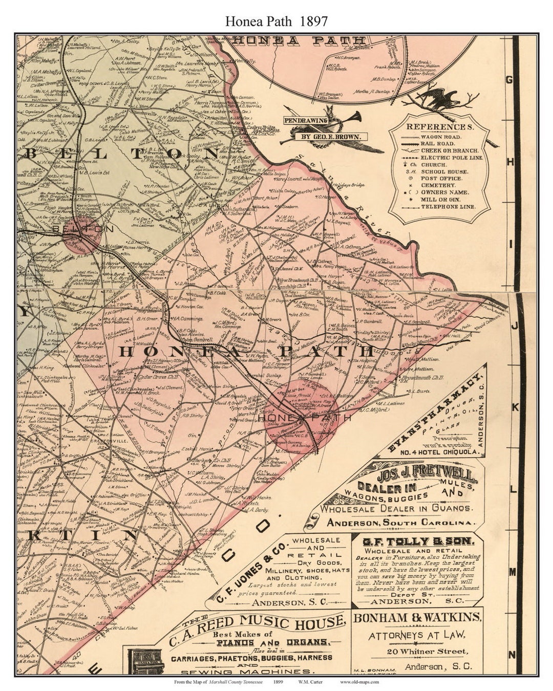 Honea Path 1897 Old Town Map With Homeowner Names South Carolina ...