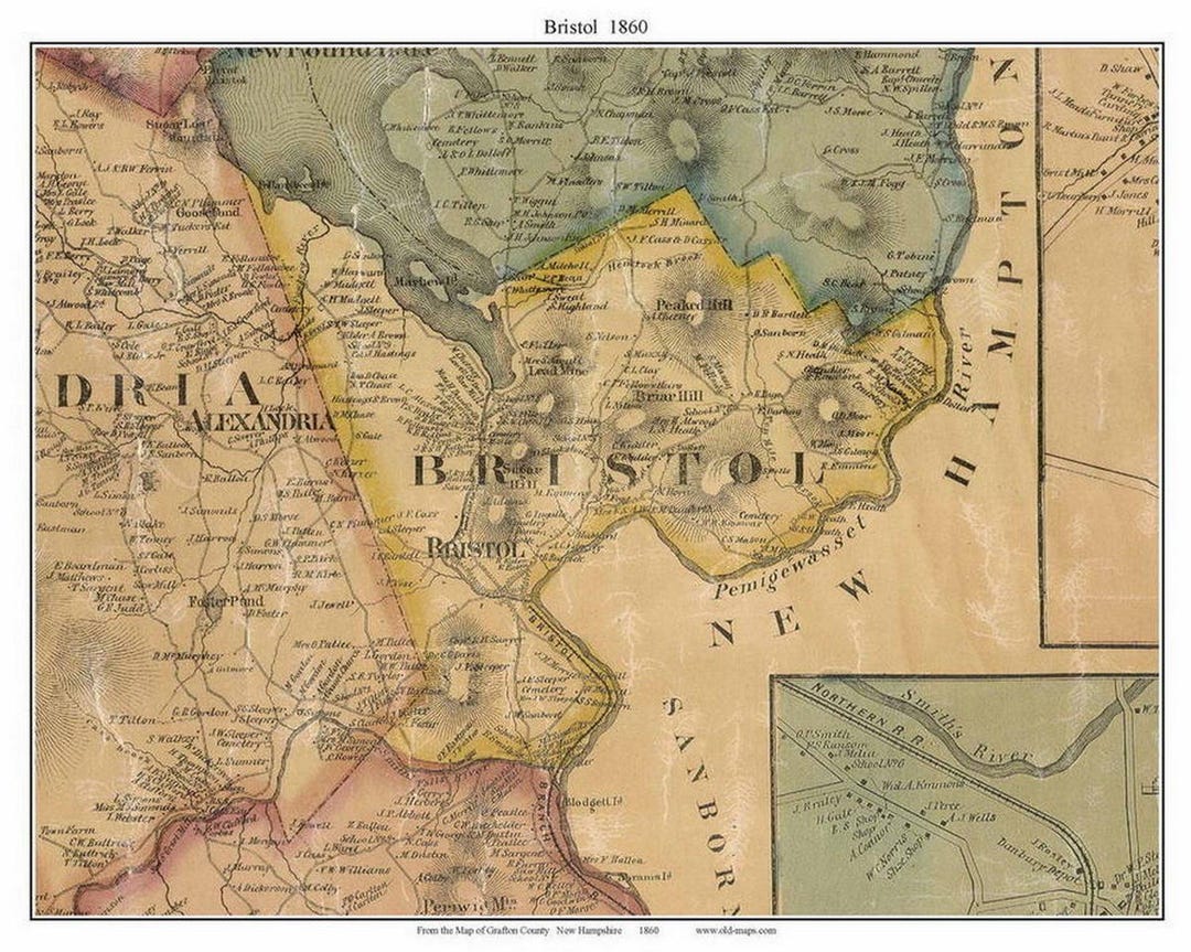 Bristol 1860 Old Town Map With Homeowner Names New Hampshire - Reprint ...