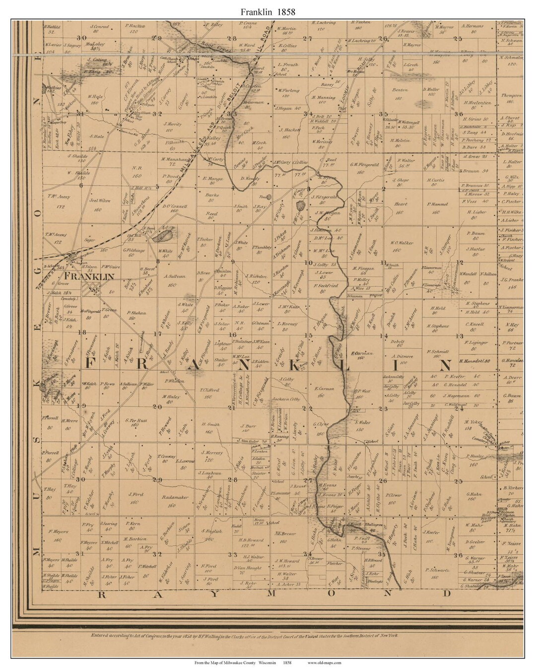 Franklin 1858 - Old Town Map With Homeowner Names - Wisconsin - Reprint ...