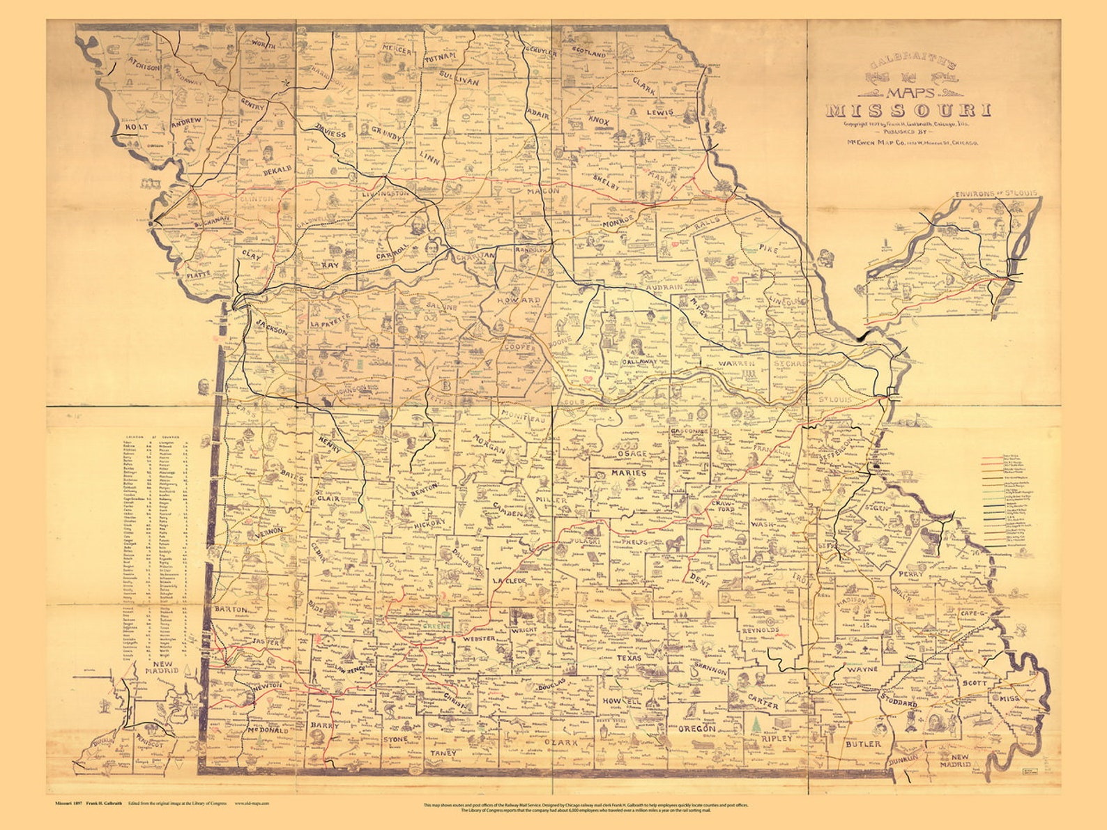 Missouri Quirky 1897 Railroad Map Galbraith State Map Reprint - Etsy