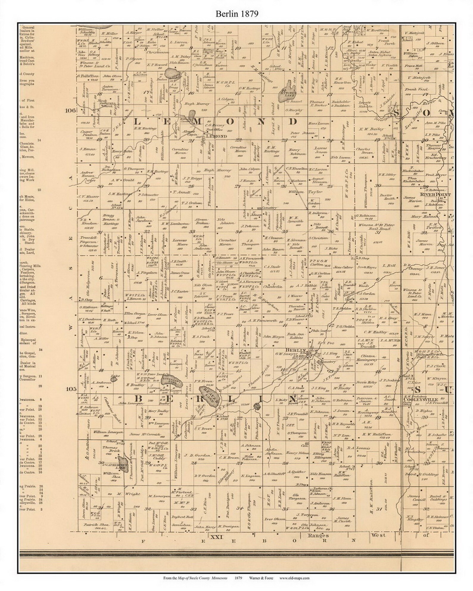 Berlin 1879 - Old Town Map With Homeowner Names Minnesota - Reprint ...