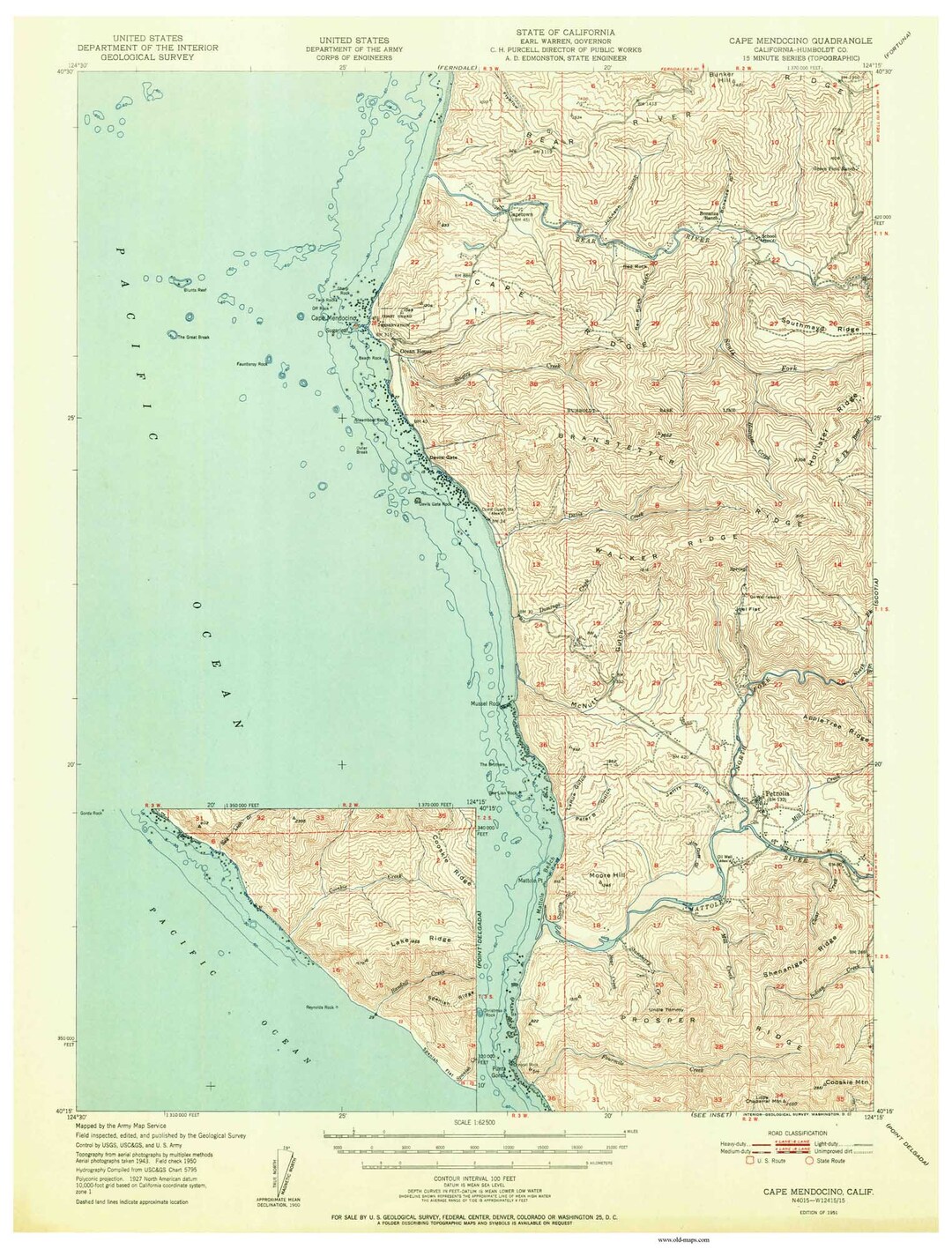 Cape Mendocino 1951 Old Topo Map Edited Reprint of the Original Quad ...