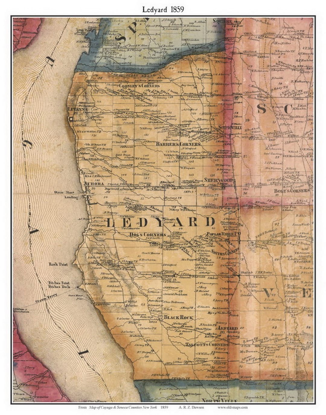 Ledyard 1859 Old Town Map With Homeowner Names New York Cayuga Lake ...