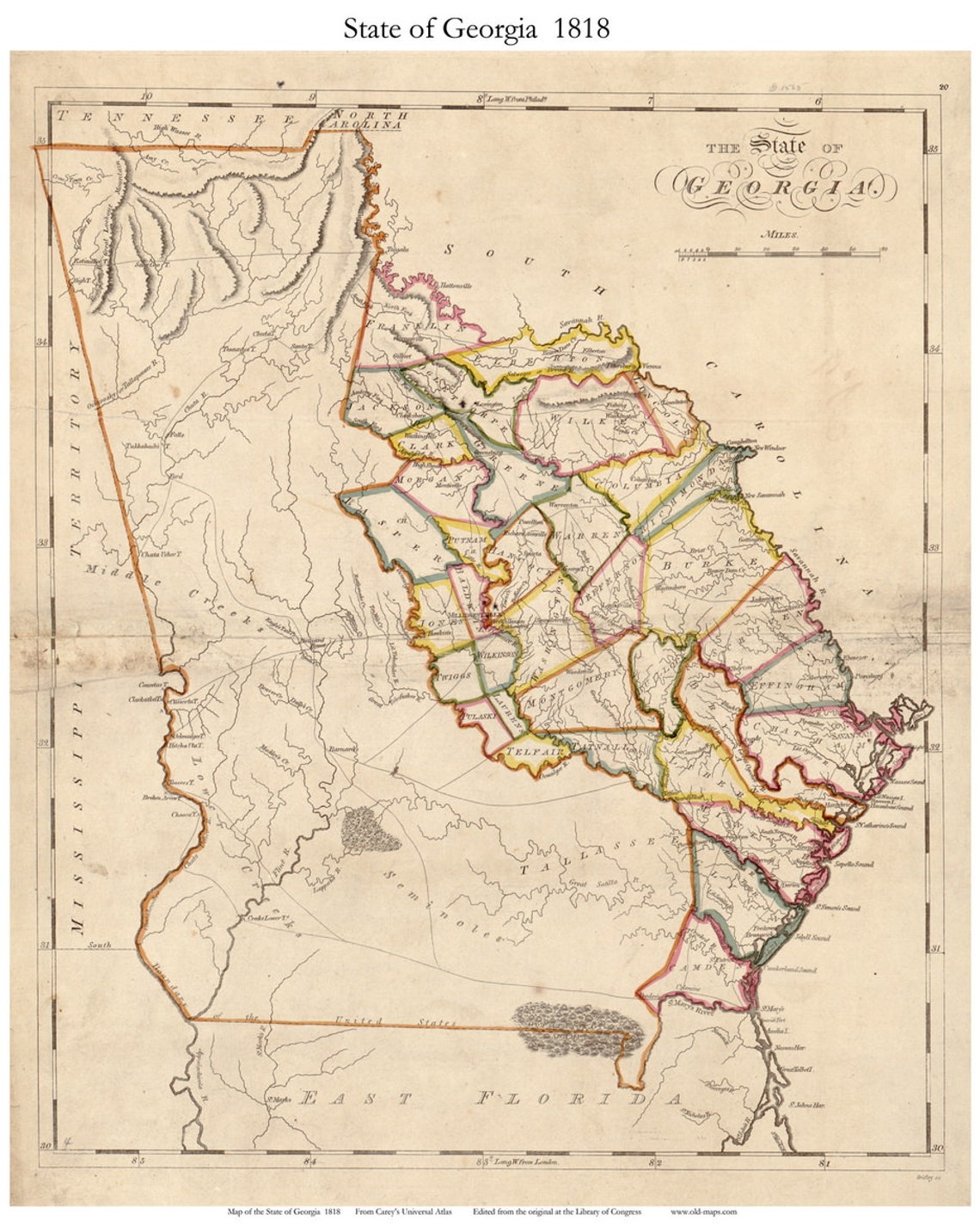 Georgia 1818 Old State Map - Carey - Reprint From Library of Congress ...
