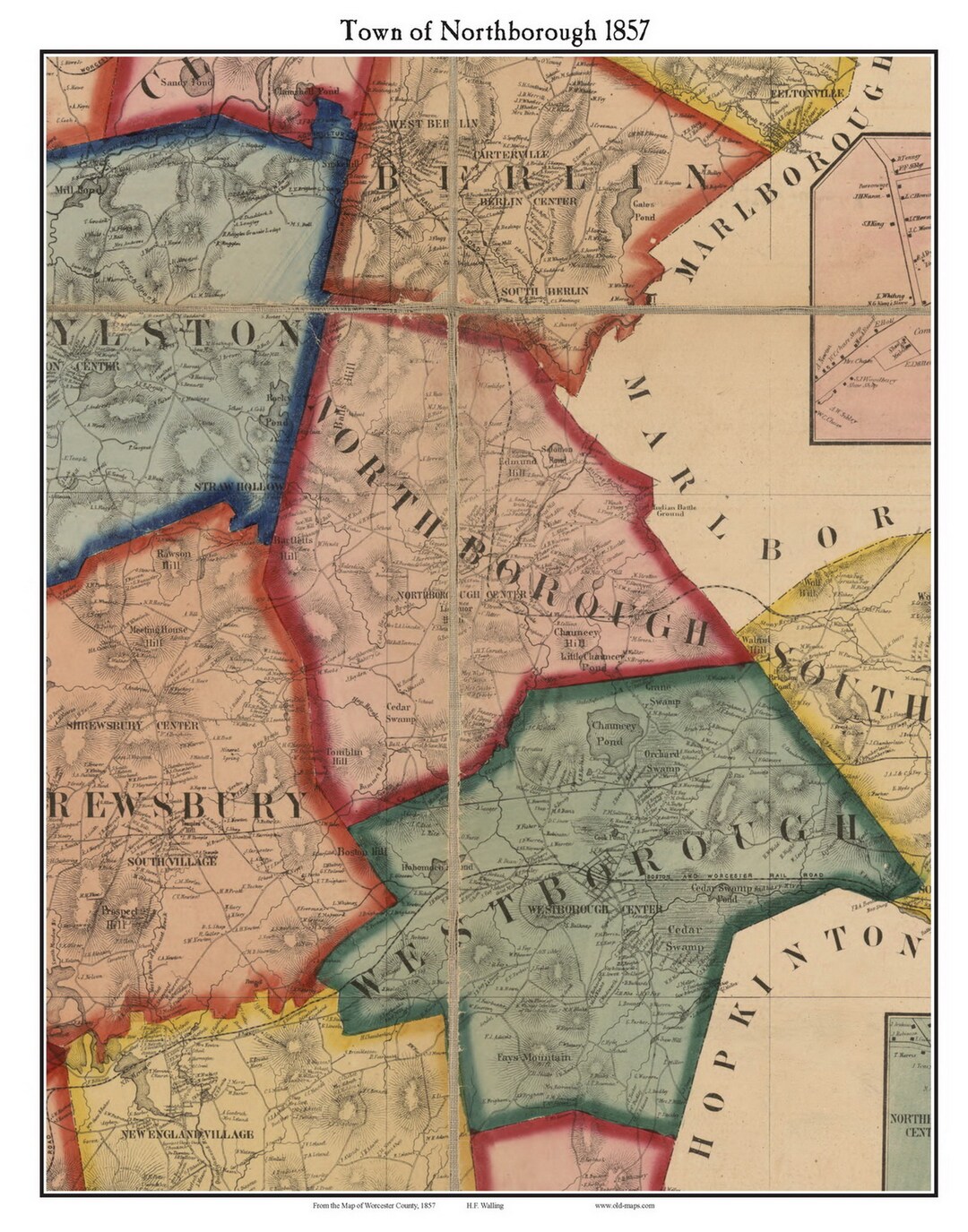 Northborough 1857 Old Town Map With Homeowner Names Massachusetts ...