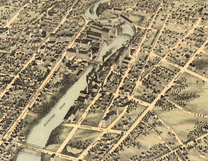 Pawtucket & Central Falls Rhode Island - 1877 Birds Eye View - Reprint ...