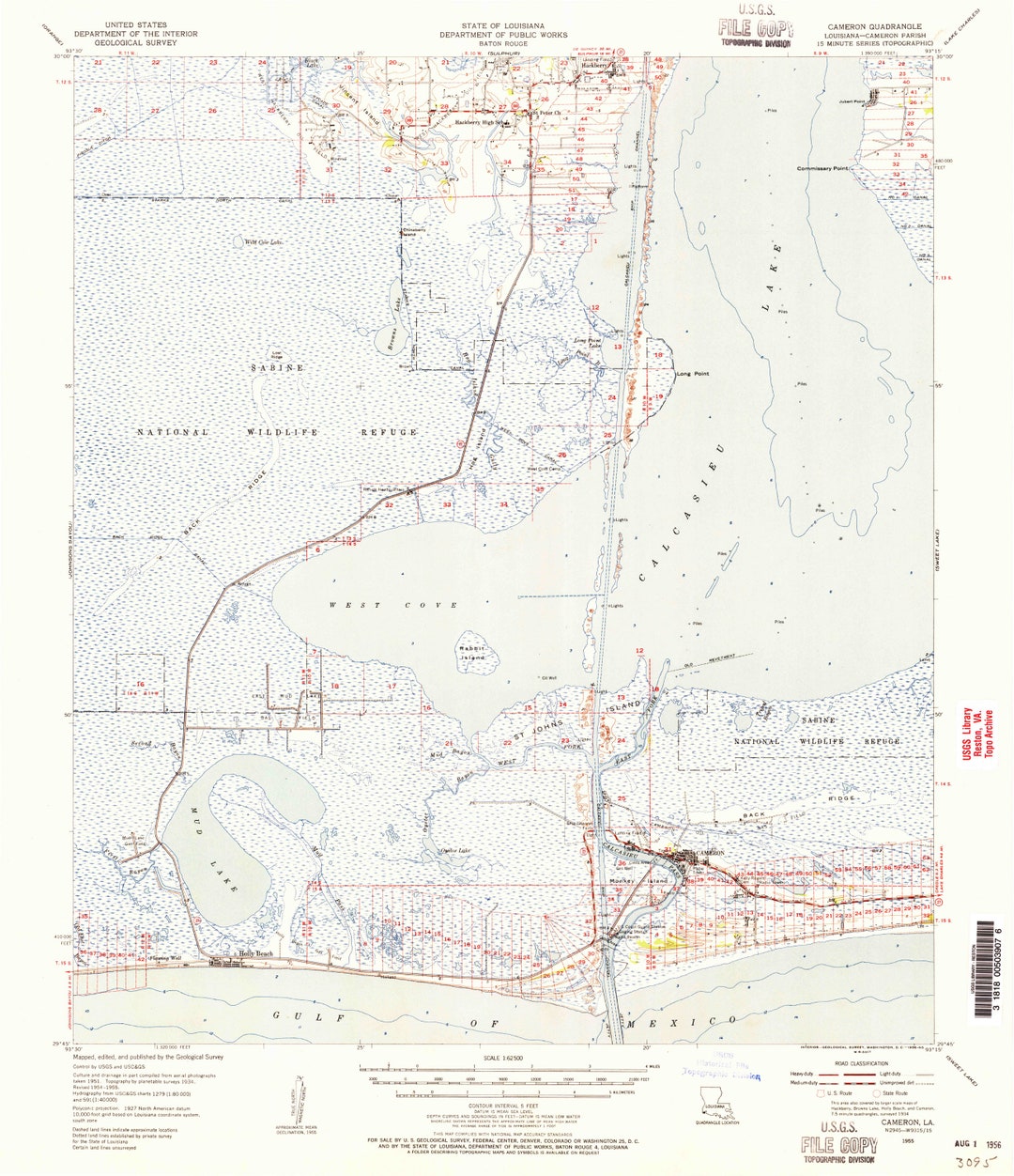 Cameron 1955(1956) Old Topo Map Sabine Wildlife Refuge Calcasieu Lake ...
