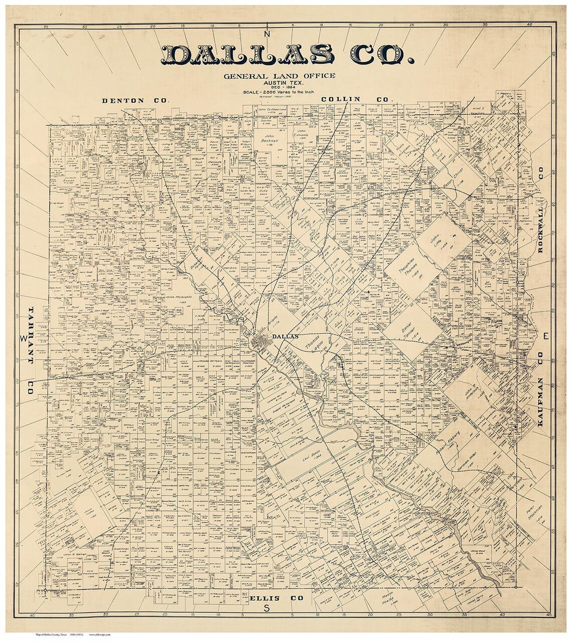 Dallas County, Texas - 1884 (1931) - Old Wall Map Reprint With Land ...
