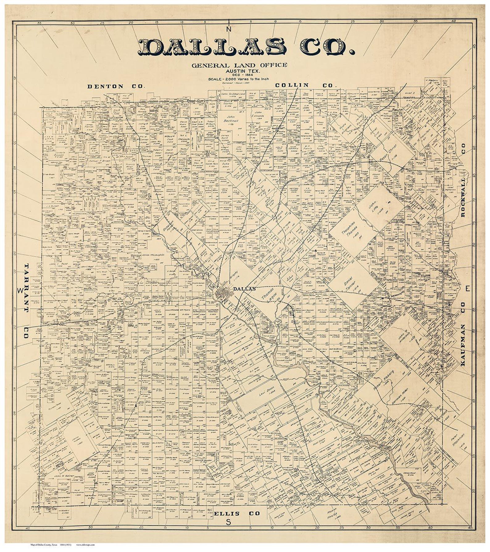 Dallas County, Texas - 1884 (1931) - Old Wall Map Reprint With Land ...