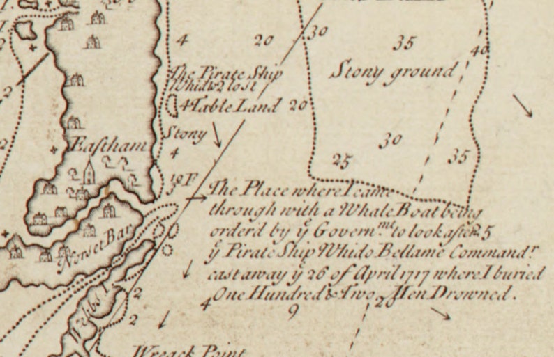 Cape Cod 1734 Map Showing Pirate Ship Whydah Sinking Custom - Etsy India
