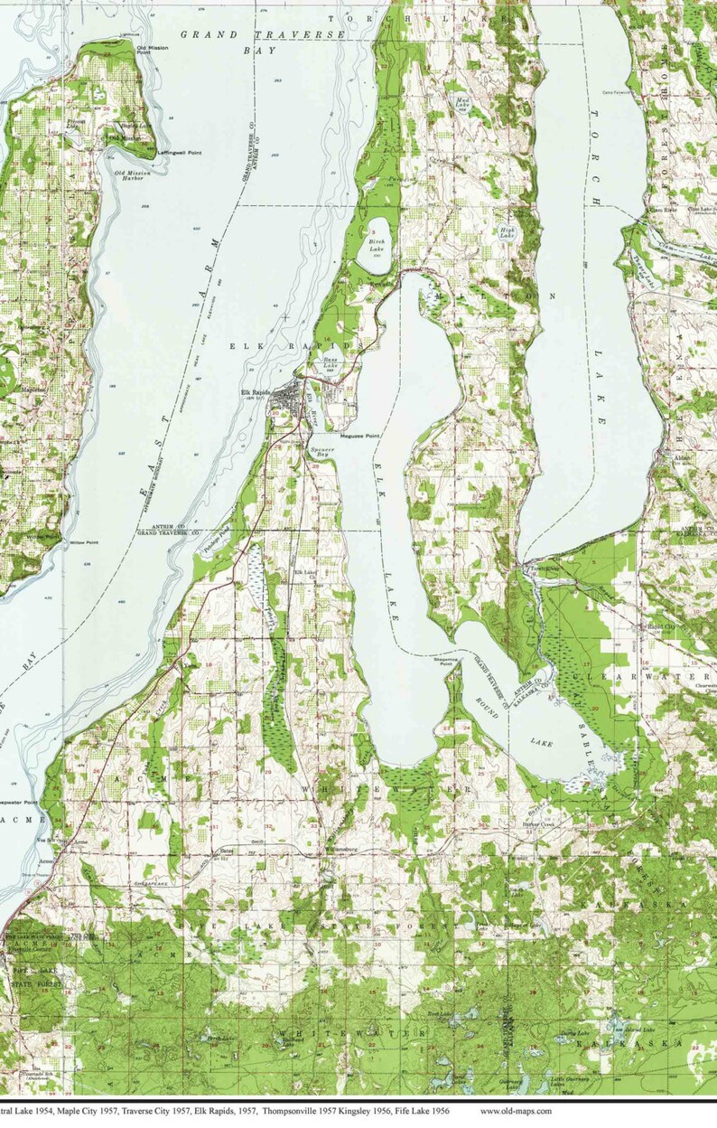 Grand Traverse Bay Michigan 1957 USGS Old Topo Map Custom Composite ...