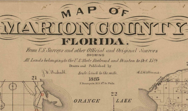 Marion County Florida 1885 Bushell & Williams - Old Wall Map Reprint ...