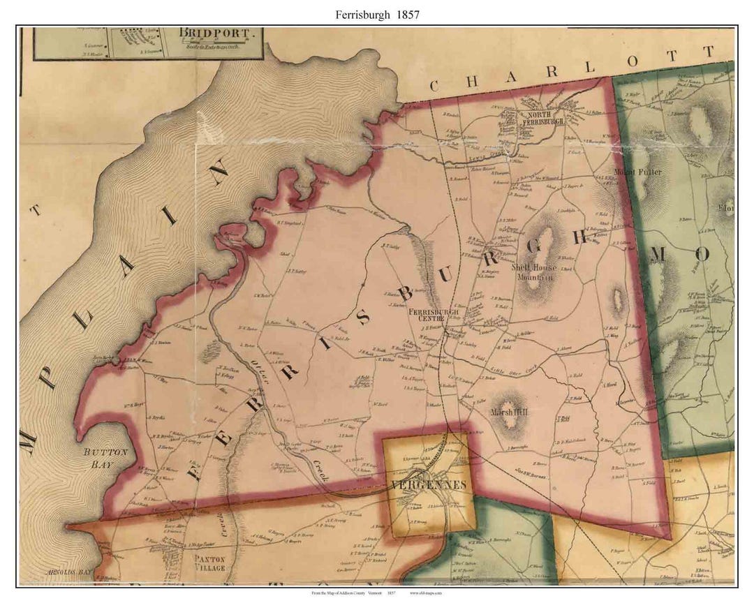 Ferrisburgh 1857 Old Town Map With Homeowner Names Vermont - Reprint ...