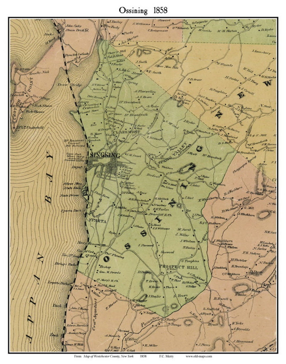 Ossining 1858 Old Town Map With Homeowner Names New York Sing Sing ...