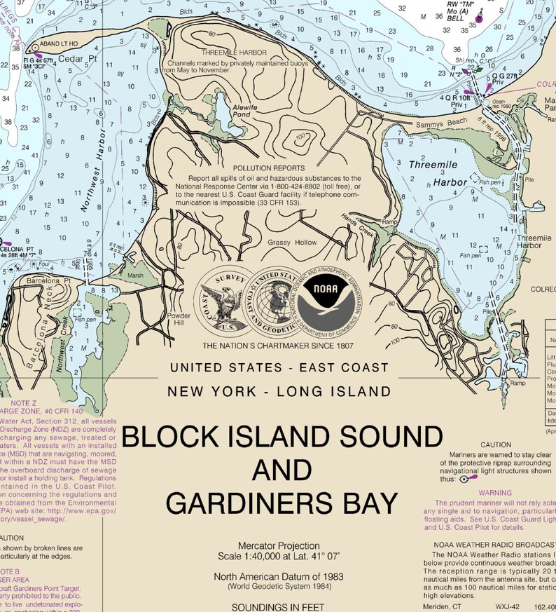Block Island Sound & Gardiners Bay NY 2014 Nautical Map | Etsy