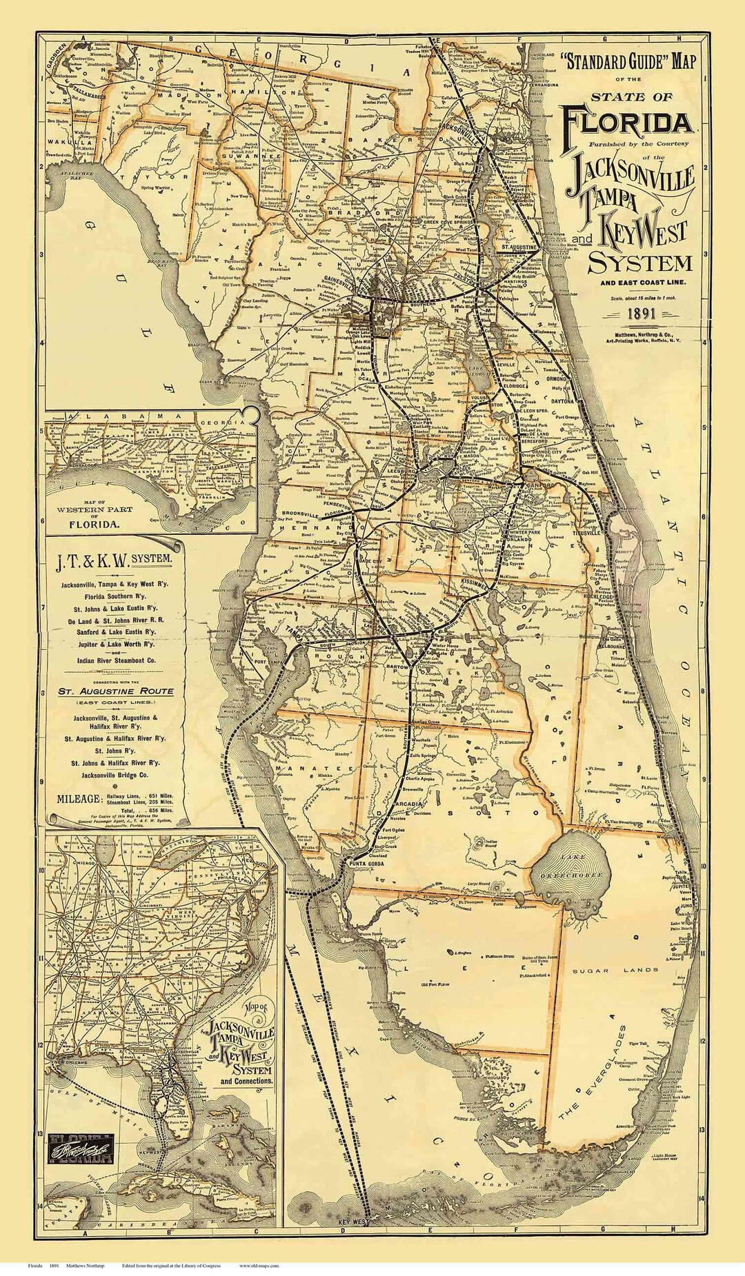 Florida 1891 State Map - Matthews Northrup - Railroads Reprint - Etsy
