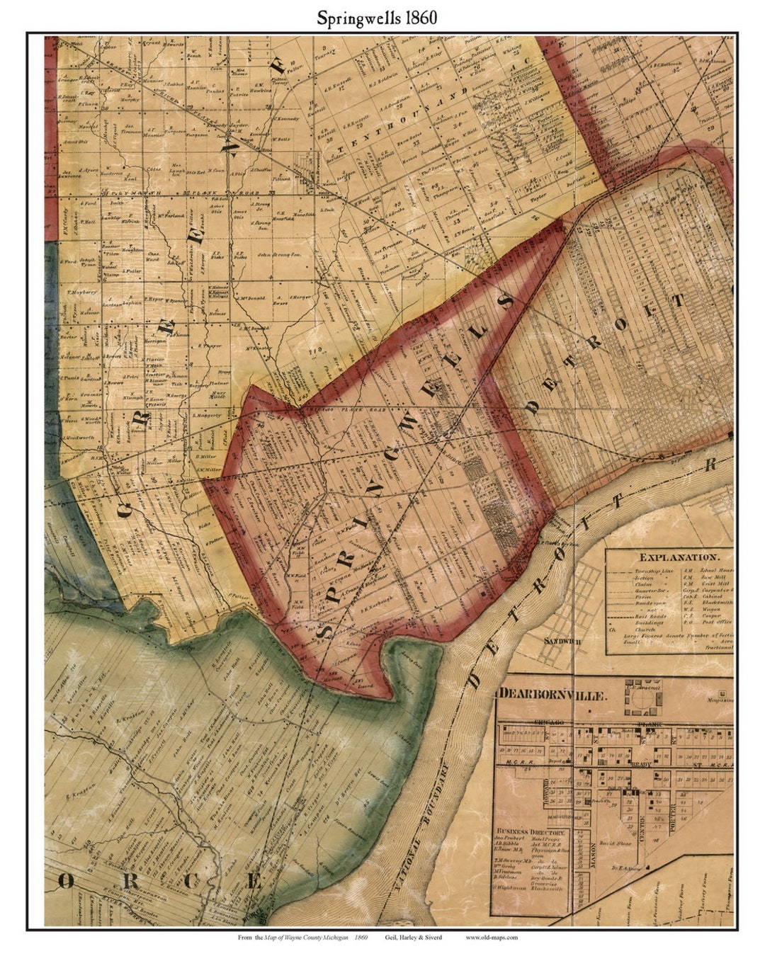 Springwells 1860 Old Town Map With Homeowner Names - Michigan - Reprint ...