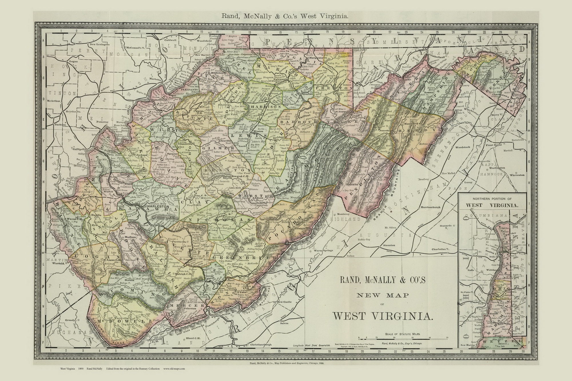 West Virginia State Map 1890 - Old State Map Reprint - Etsy