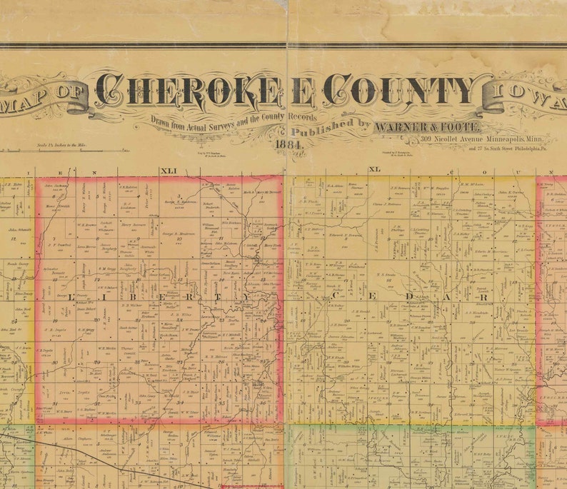 Cherokee County Iowa 1884 Old Wall Map With Landowner Names - Etsy