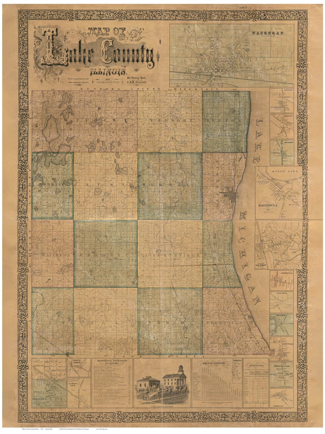 Lake County Illinois 1861 - Old Wall Map Reprint With Homeowner Names ...