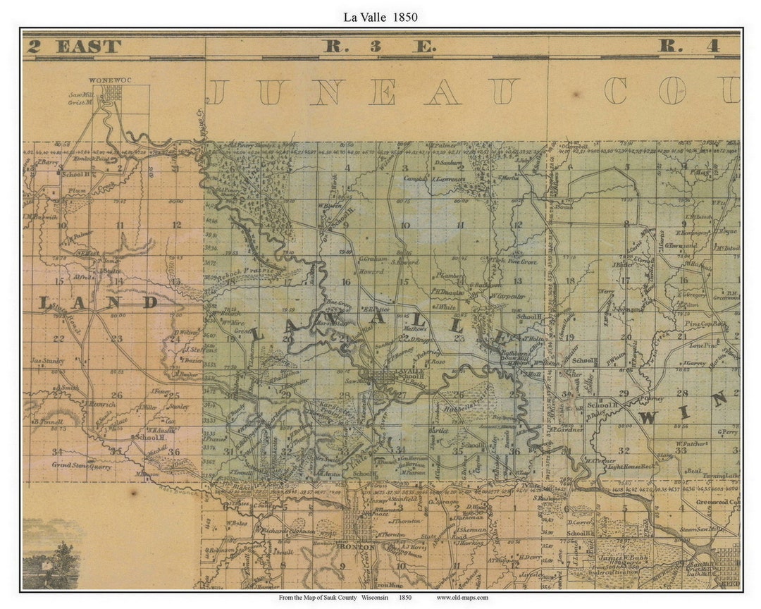 La Valle 1850 - Old Town Map With Homeowner Names - Wisconsin - Reprint ...