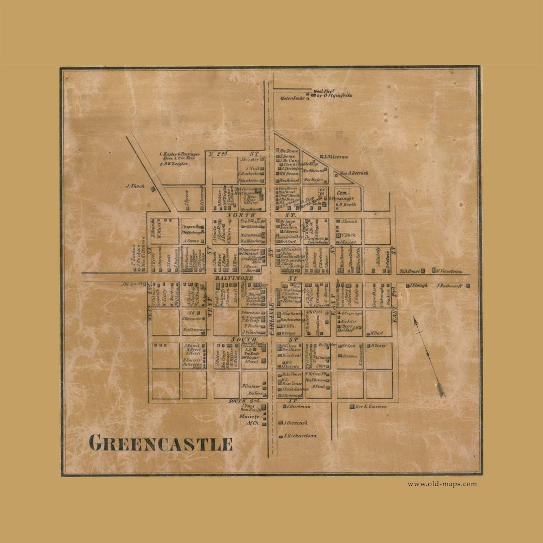 Greencastle 1858 Old Town Map With Homeowner Names Antrim - Pennsylvania- Reprint Genealogy ...