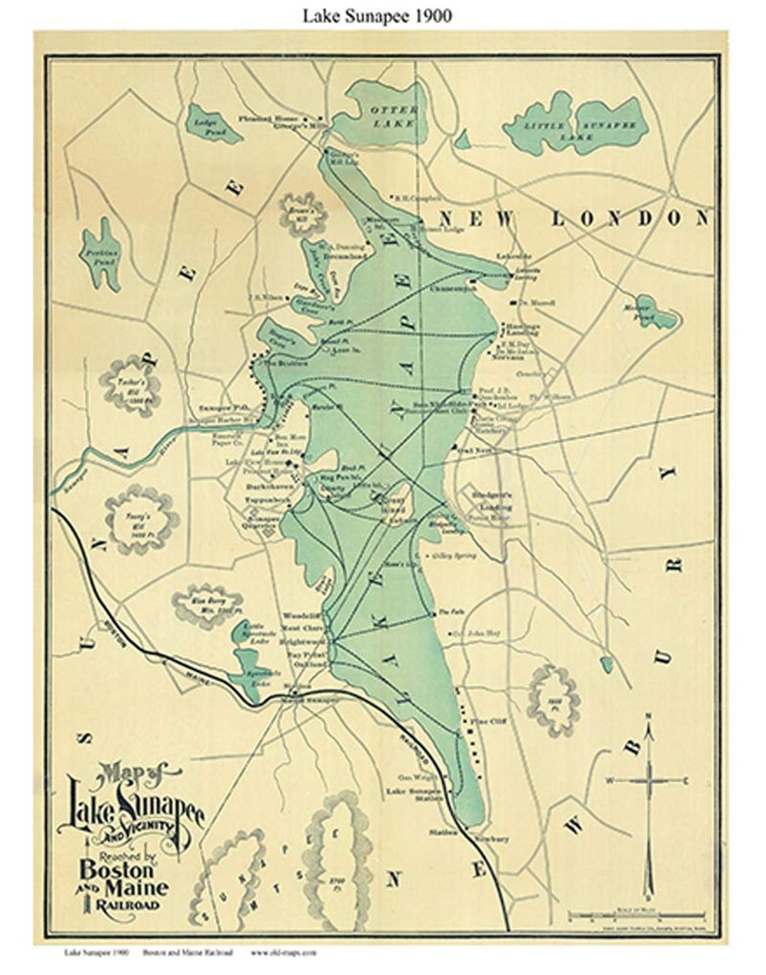 Lake Sunapee 1900 Map Boston and Maine Railroad Reprint - New Hampshire ...