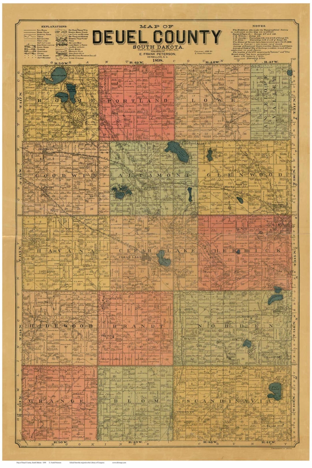 Deuel County South Dakota 1898 - Old Wall Map With Landowner Names ...