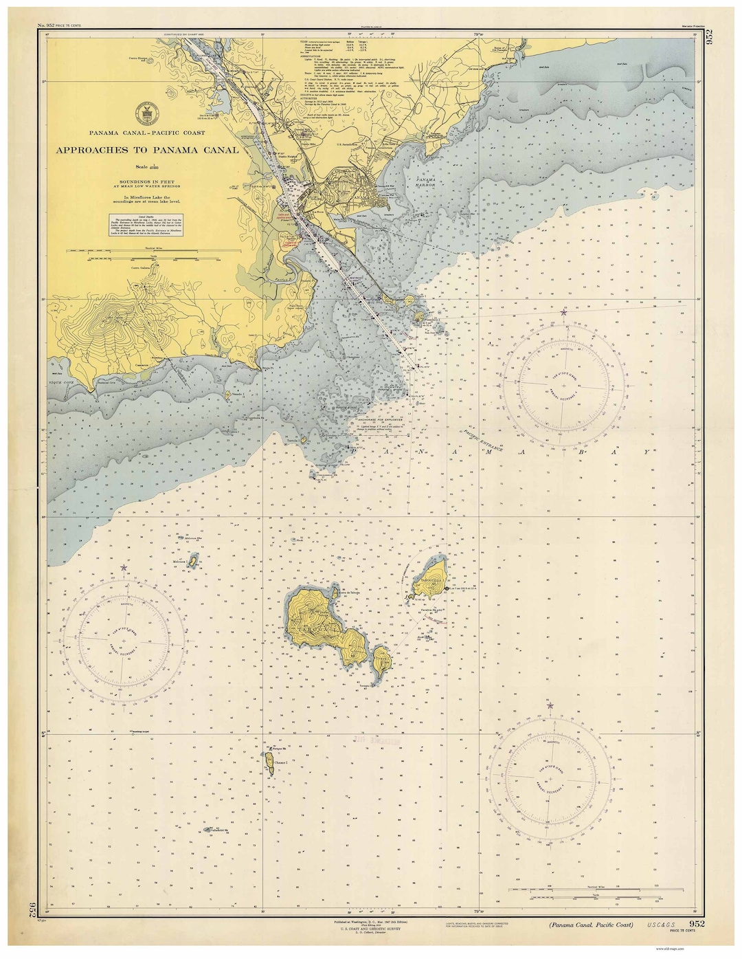 Panama Canal - Pacific Coast Approaches - 1947 Nautical Chart Reprint ...
