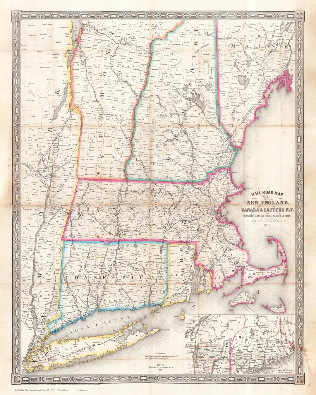 New England 1850 - Old Map Reprint - Goldthwait - Railroad Map - NE ...