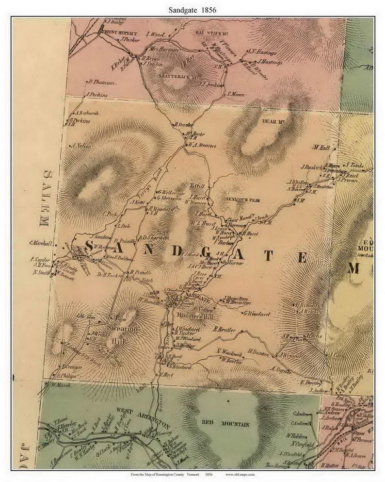 Sandgate 1856 Old Town Map With Homeowner Names - Vermont Bennington ...
