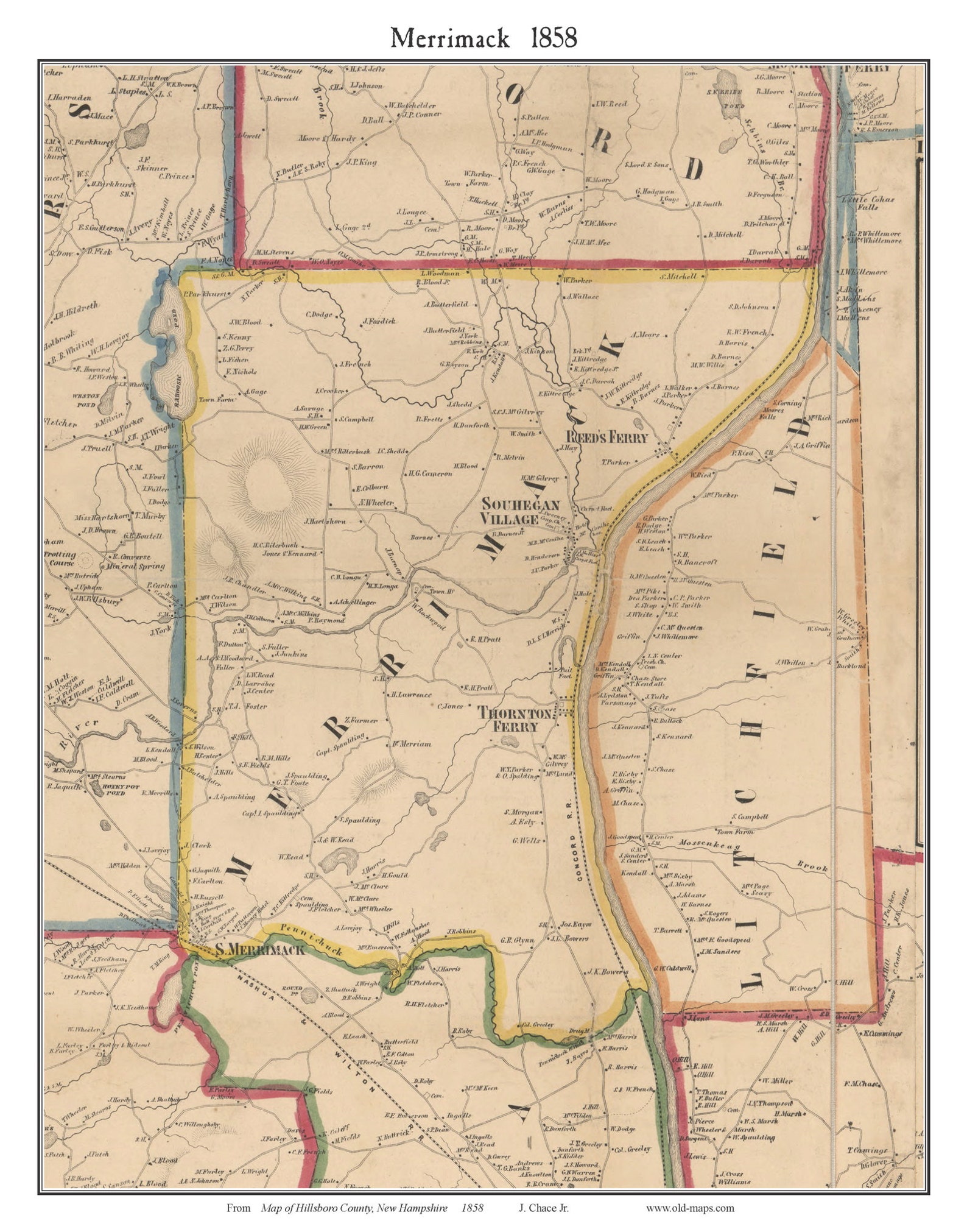 Merrimack 1858 Old Town Map With Homeowner Names New Hampshire ...