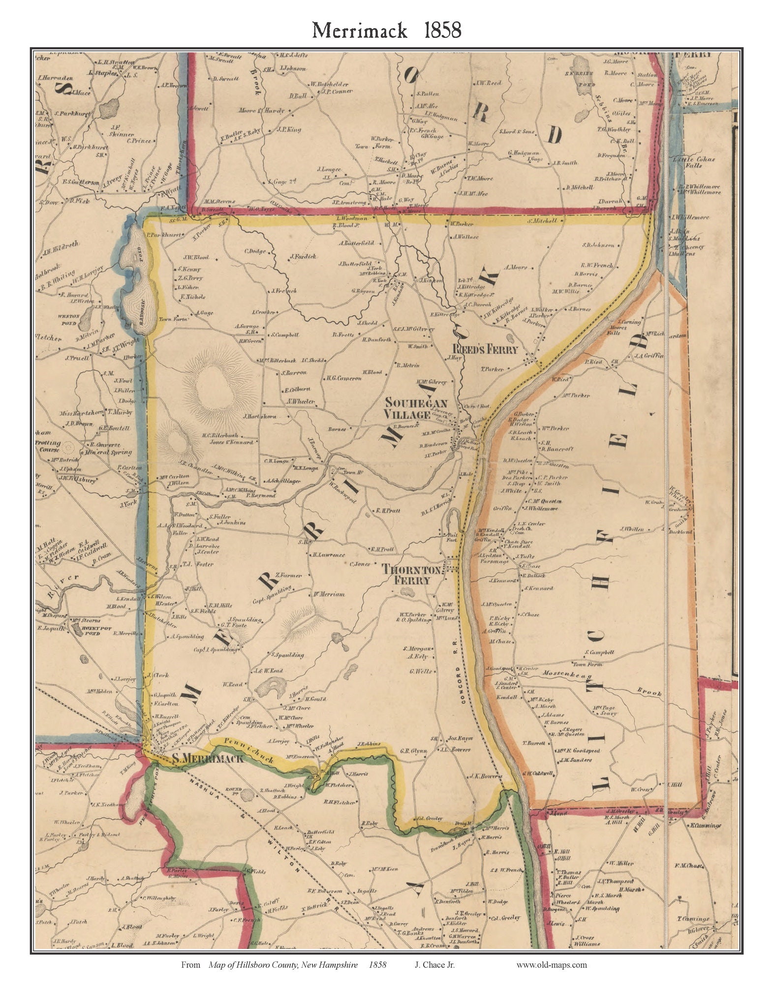 Merrimack 1858 Old Town Map With Homeowner Names New Hampshire Reprint ...