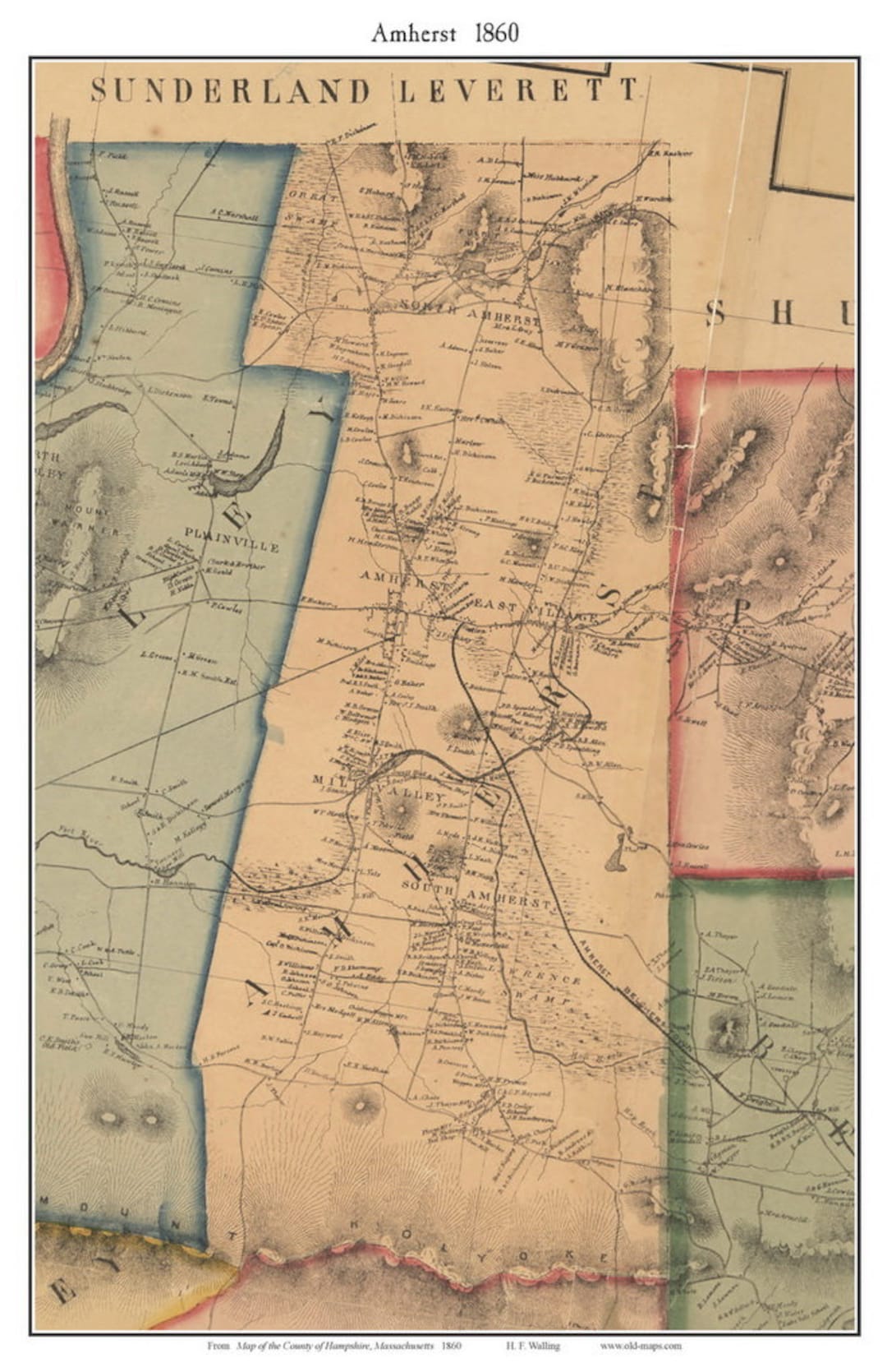 Amherst 1860 Old Town Map With Homeowner Names Massachusetts - Reprint ...