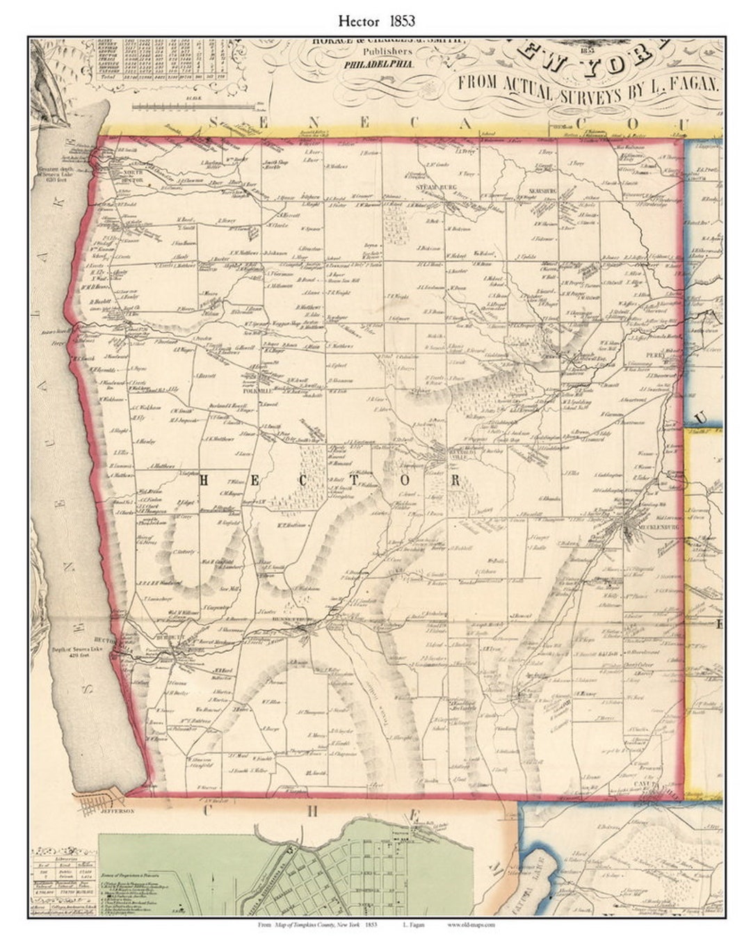 Hector 1853 Old Town Map With Homeowner Names New York Seneca Lake ...