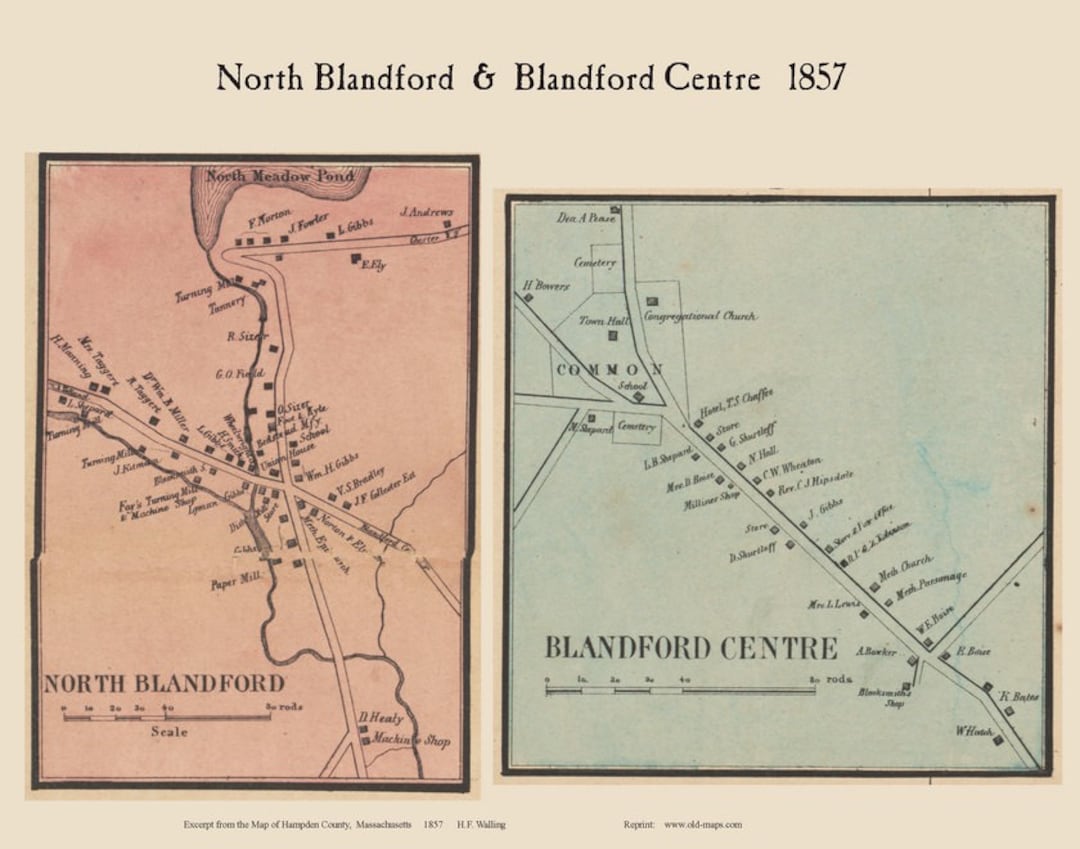 Blandford Village 1857 Old Town Map With Homeowner Names Massachusetts ...