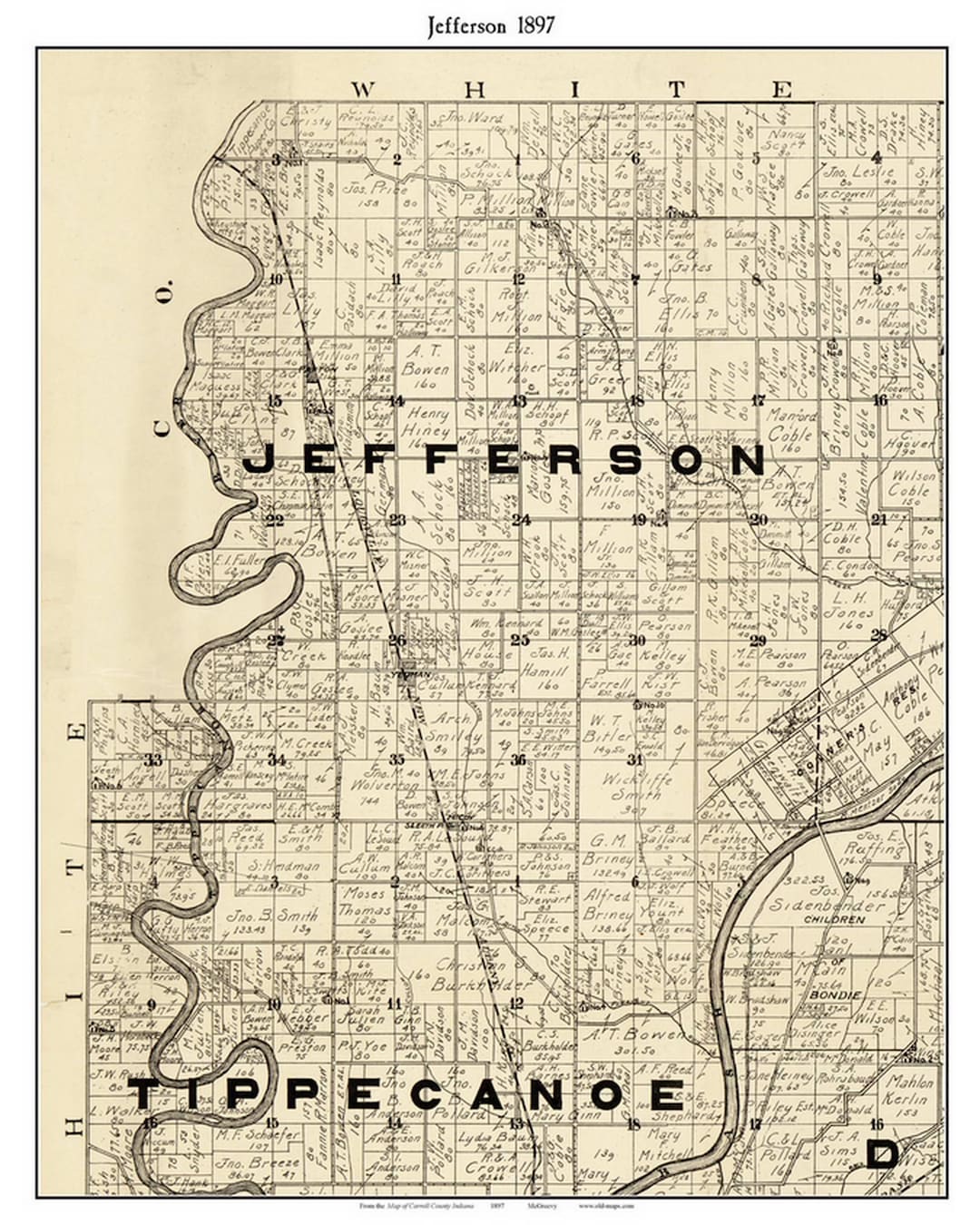 Jefferson 1897 Old Town Map With Homeowner Names Indiana Yeoman Patton ...