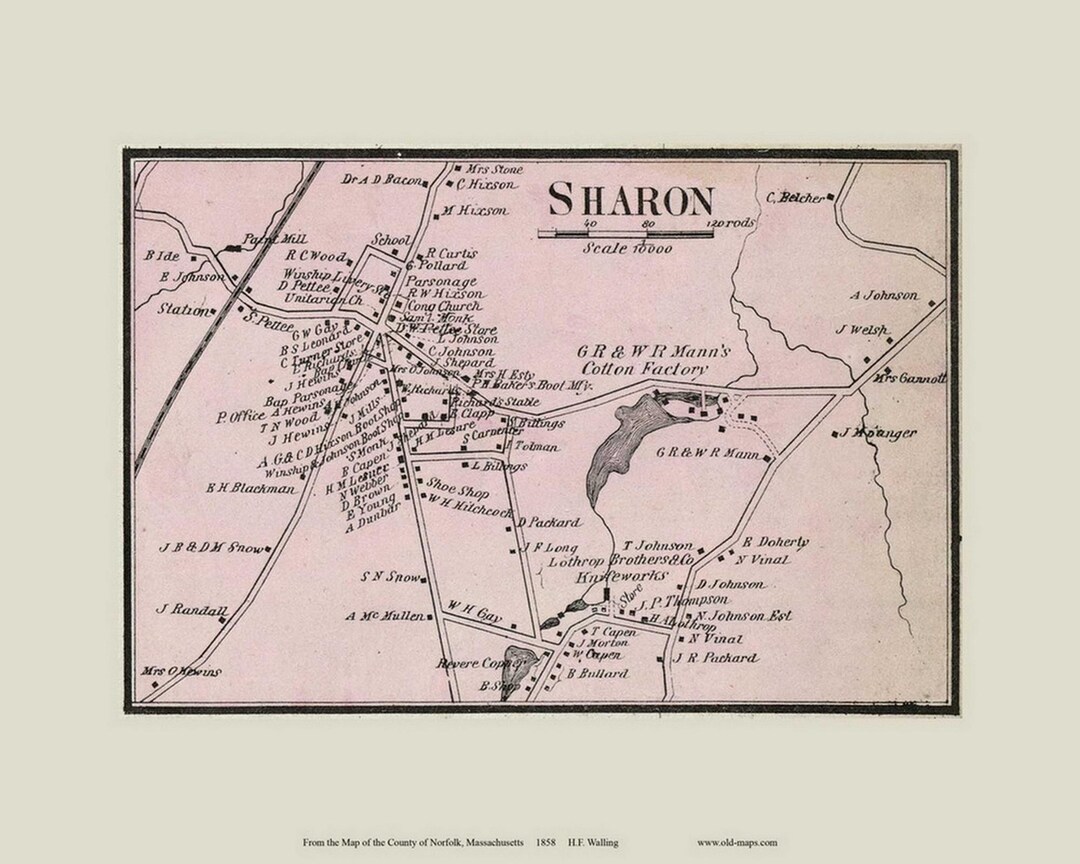 Sharon Village, Massachusetts 1858 Old Town Map With Homeowner Names ...