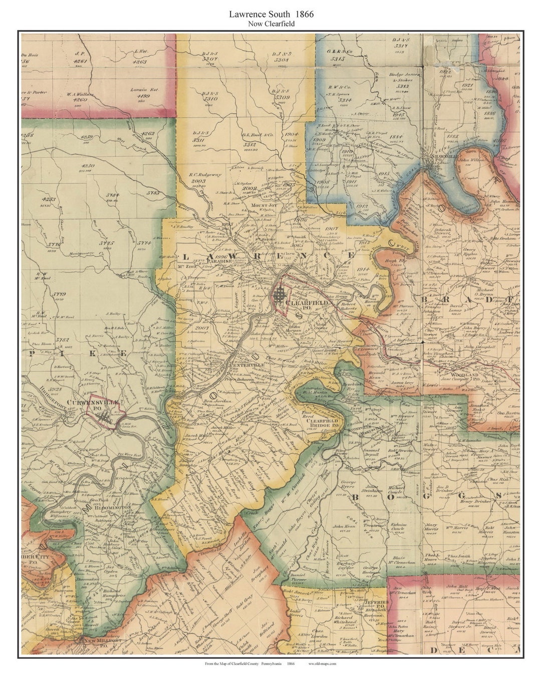 Lawrence South 1866 Old Town Map With Homeowner Names Clearfield ...