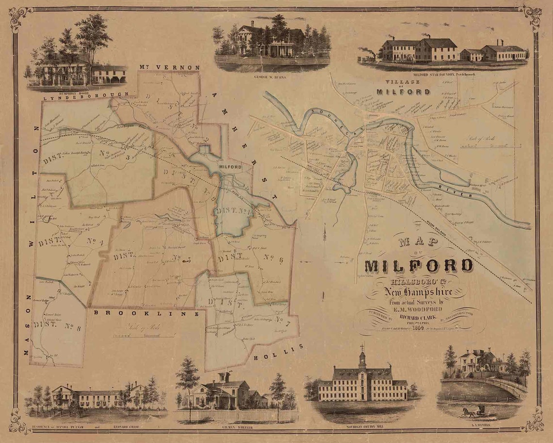 Milford 1854 Old Map New Hampshire Reprint Homeowner Names - Etsy