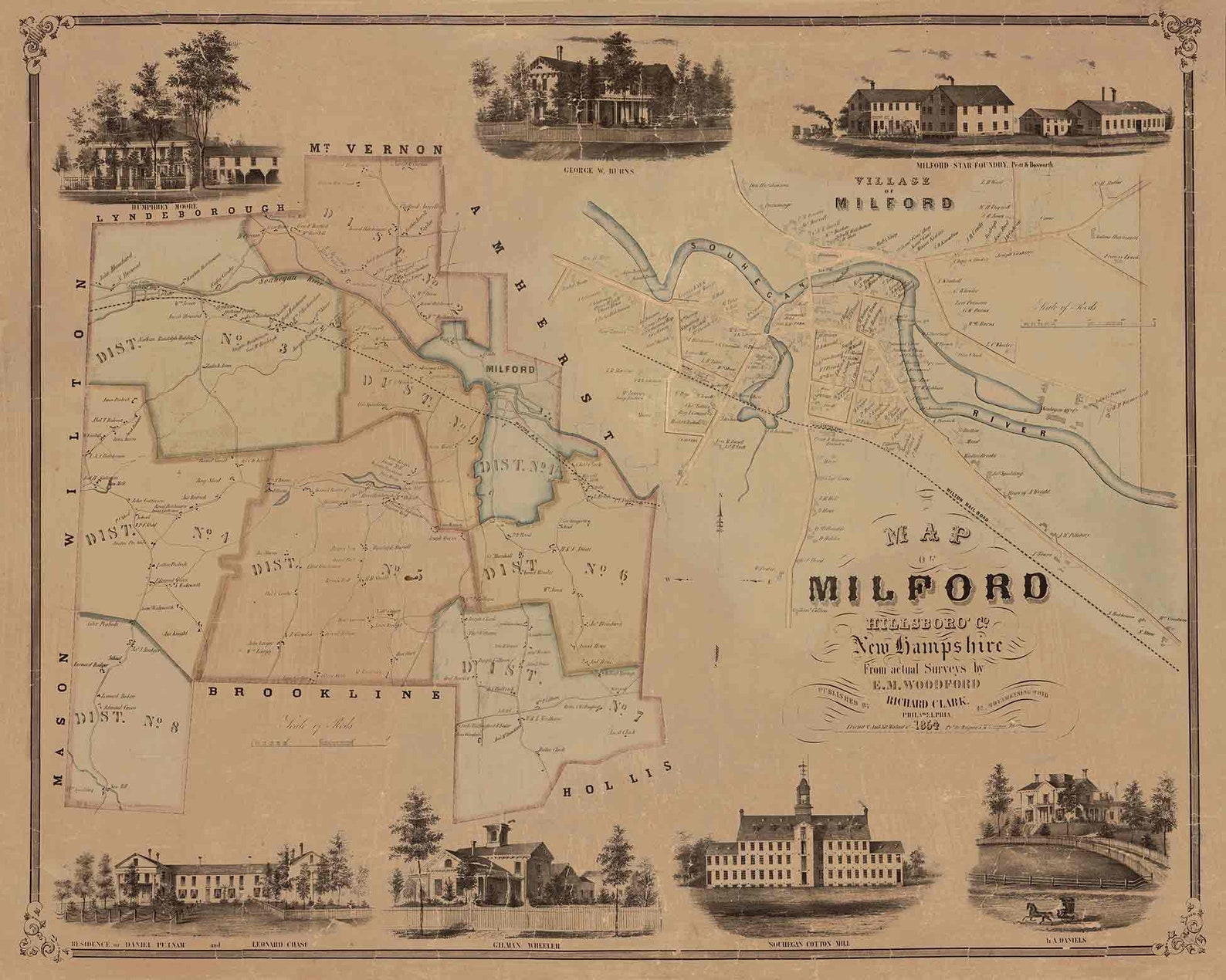 Milford 1854 Old Map New Hampshire Reprint Homeowner Names - Etsy