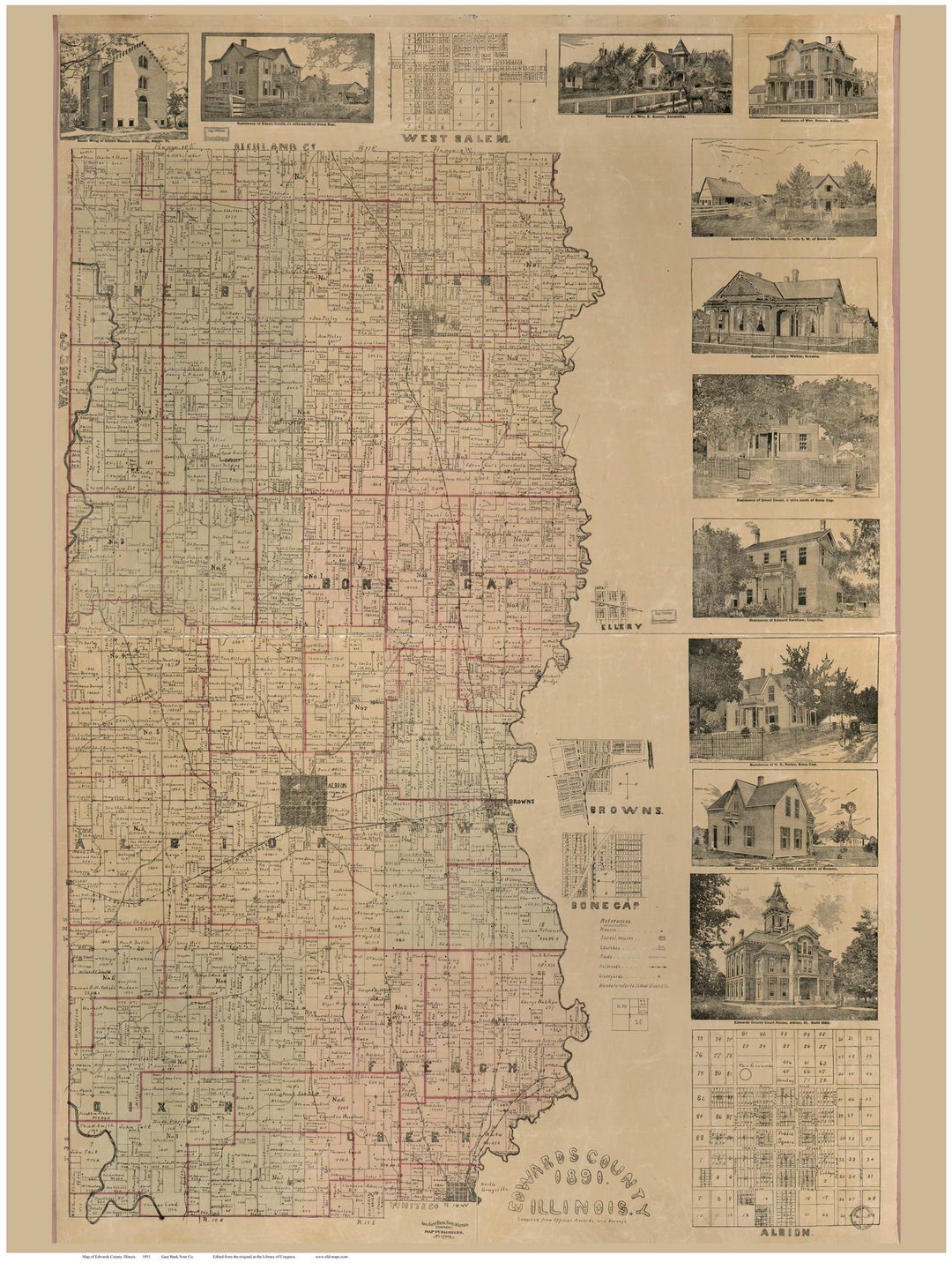 Edwards County Illinois 1891 - Old Wall Map Reprint With Homeowner ...