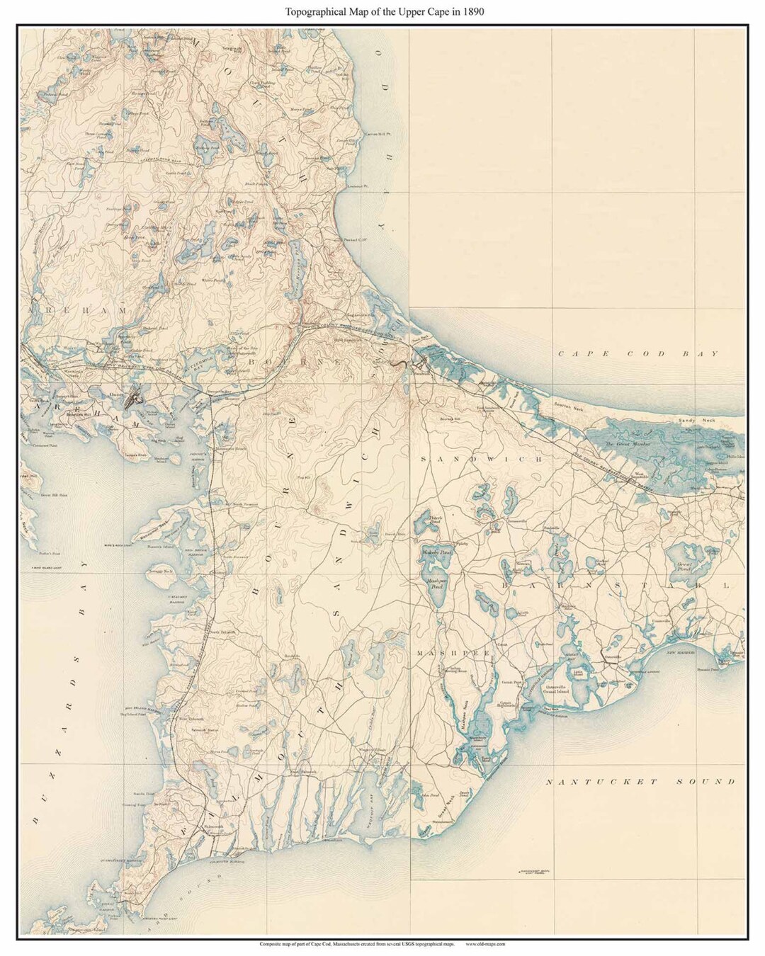 Cape Cod Regions UPPER CAPE 1890 Old Topographic Map Massachusetts USGS ...
