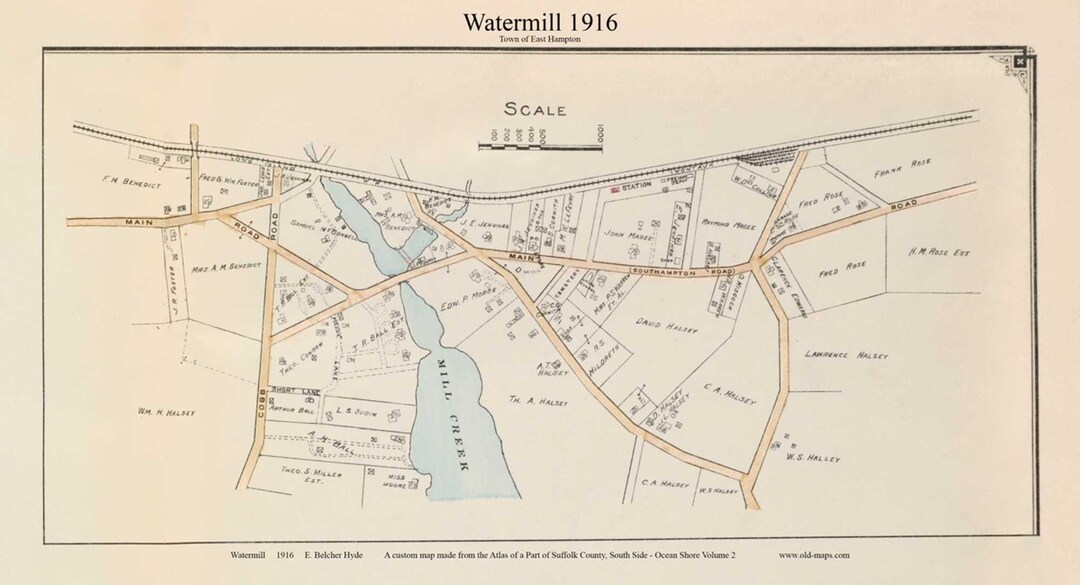 Watermill 1916 Old Town Map Reprint - Homeowner Names, Genealogy CUSTOM ...