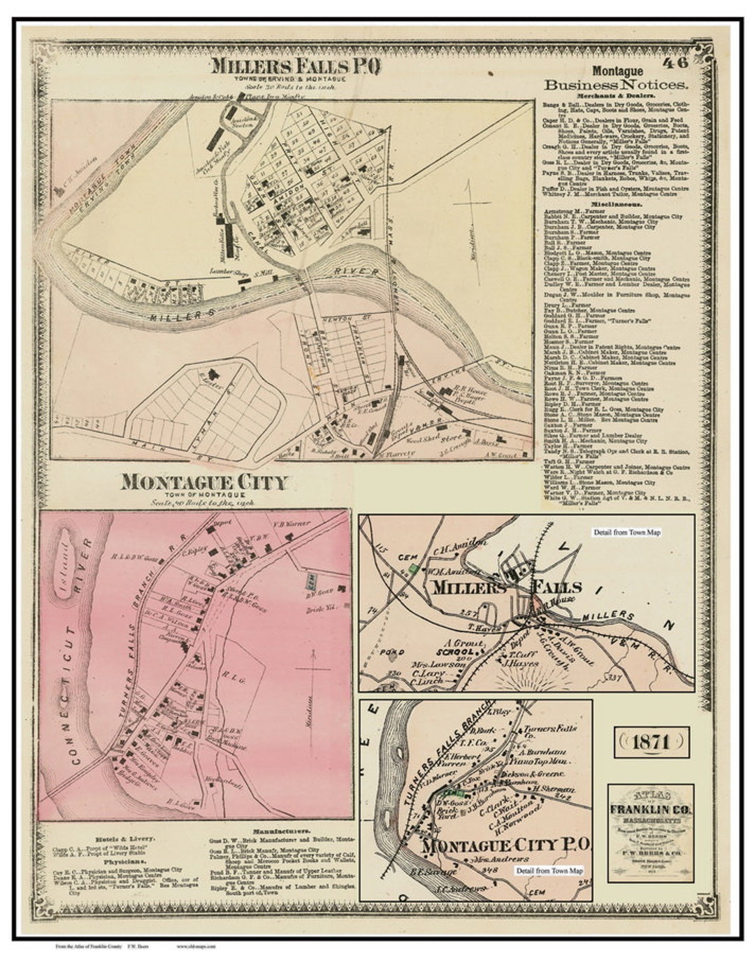 Millers Falls, Montague City in Montague 1871 - Old Town Map Reprint ...