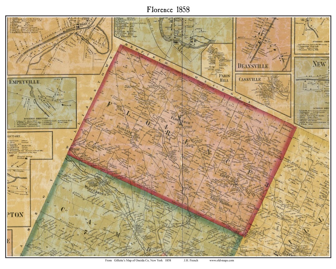 Florence 1858 Old Town Map - With Homeowner Names New York Reprint ...
